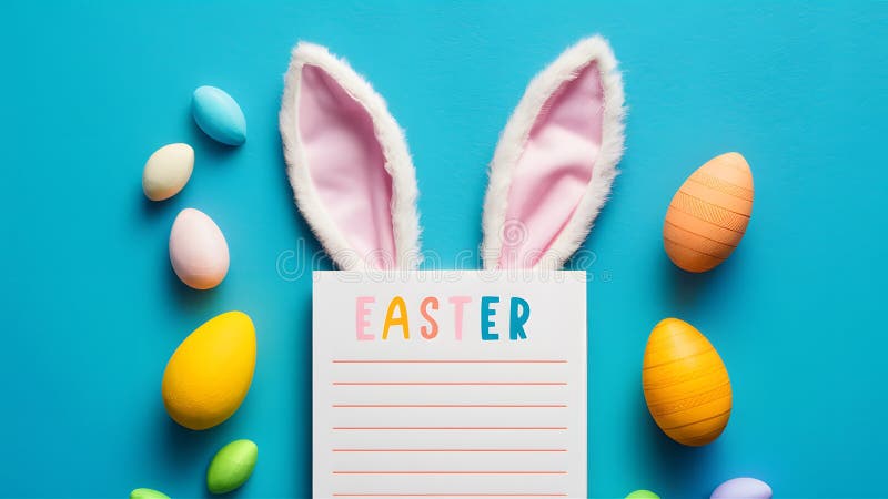 Easter Themed Notepad with Rabbit Ears on Blue Background, Top View ...