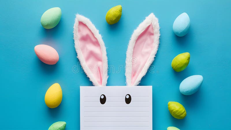 Easter Themed Notepad with Rabbit Ears on Blue Background, Top View ...