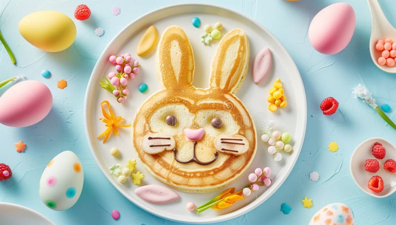 Easter-themed Round Pancakes Decorated with Bunny Faces and Colorful ...