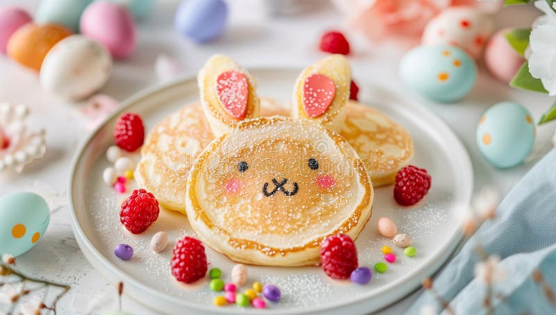 Easter-themed Round Pancakes Decorated with Bunny Faces and Colorful ...
