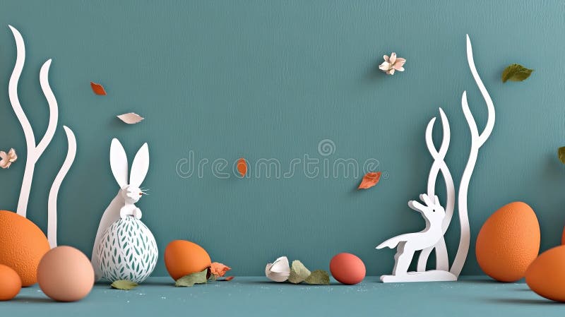 Easter-themed Setup with White Rabbit Figures, Orange Eggs, and Autumn ...