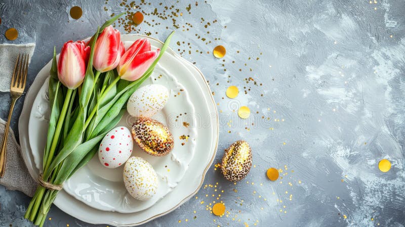 Easter Themed Table Setting with Tulips, Decorative Eggs, and Golden ...
