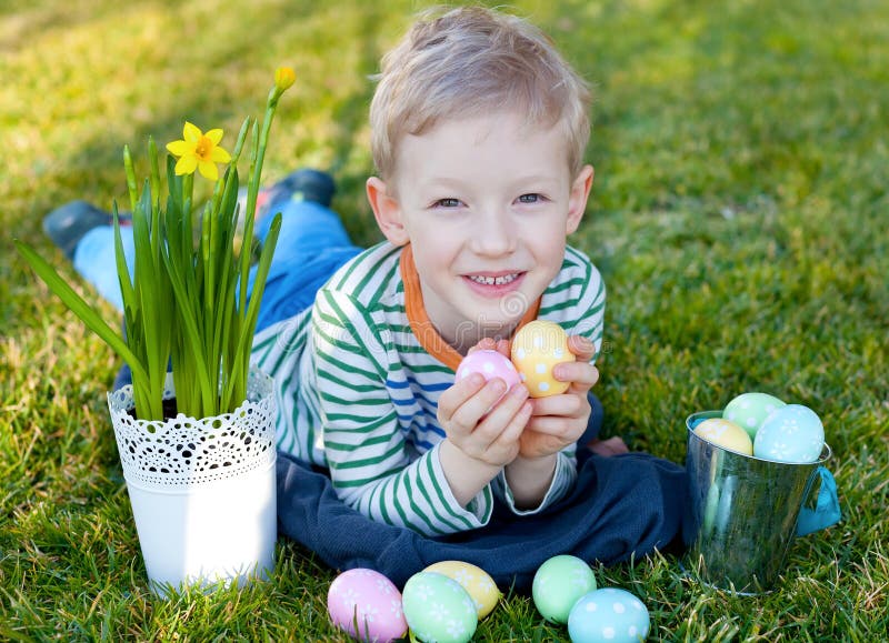 Kids with Eggs Basket on Easter Egg Hunt Stock Image - Image of holiday ...
