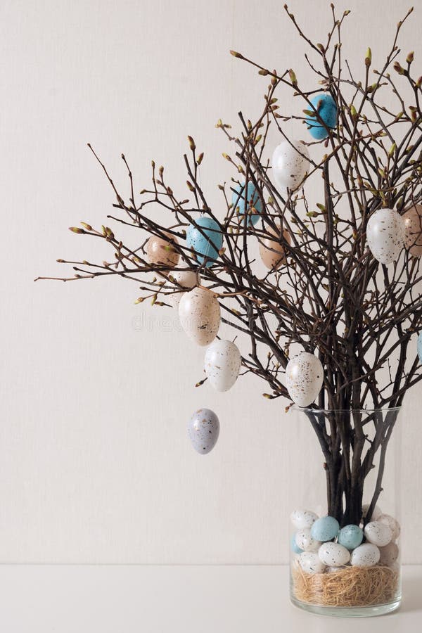Easter Tree Decorated White and Beige Eggs in Vase on White Table ...