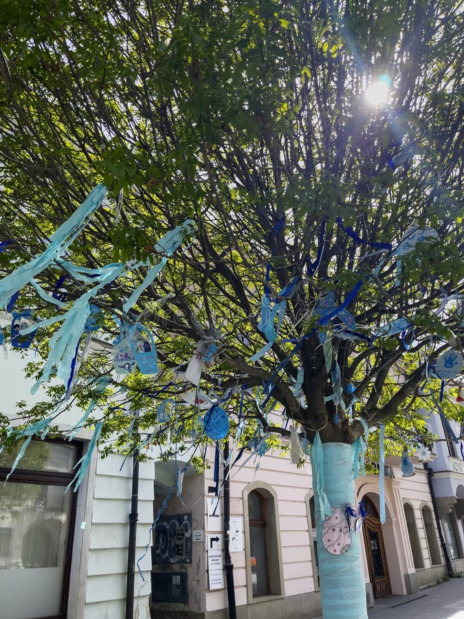 Easter Tree with Ribbons and Egg Decorations on Streets with Historical ...