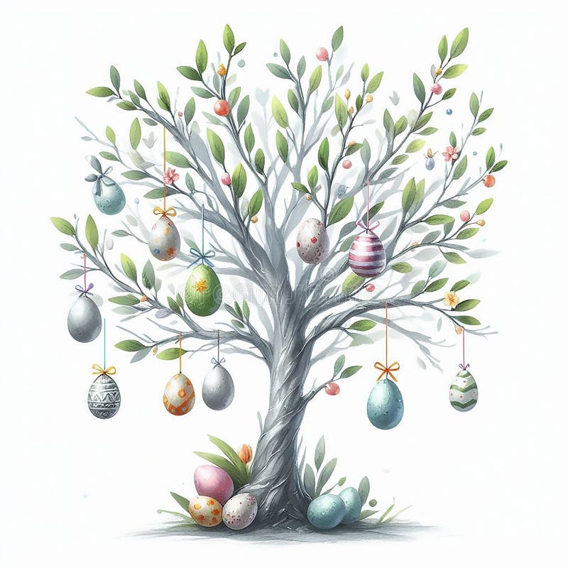 Easter Tree with Shiny Eggs. Silver Easter Tree. Watercolor ...