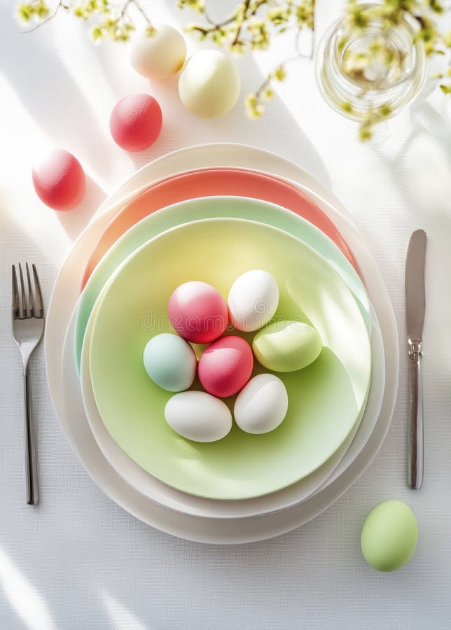 Easter Trendy Pastel Table Setting Easter Eggs on Round Plates on White ...