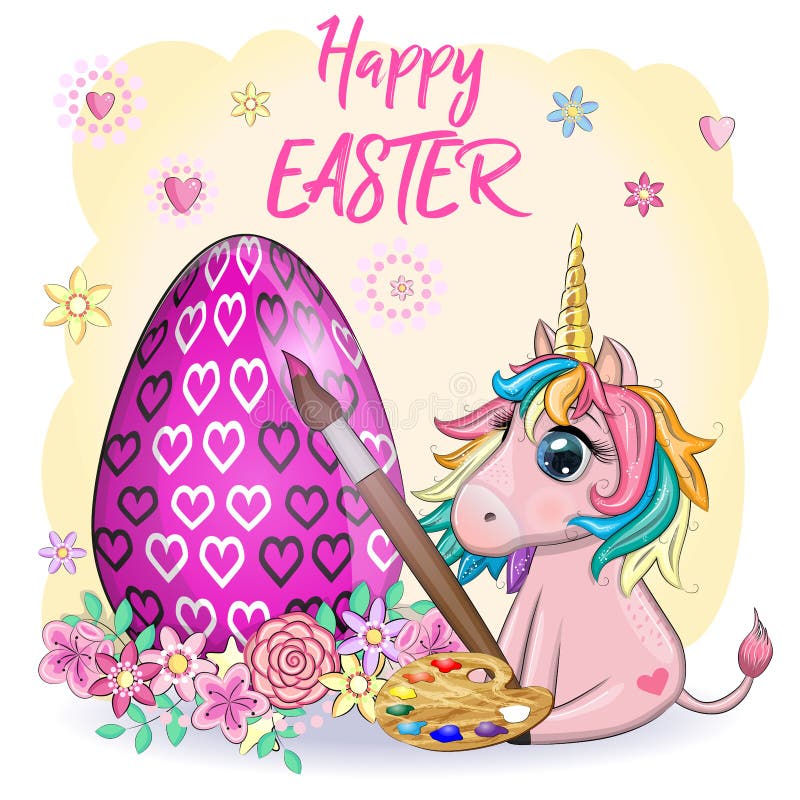 Easter Unicorn Cartoon Character with Easter Egg, Postcard. Stock ...