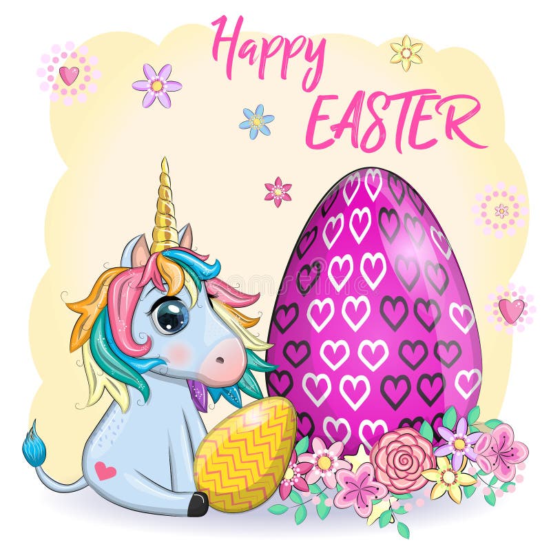 Easter Unicorn Cartoon Character with Easter Egg, Postcard. Stock ...