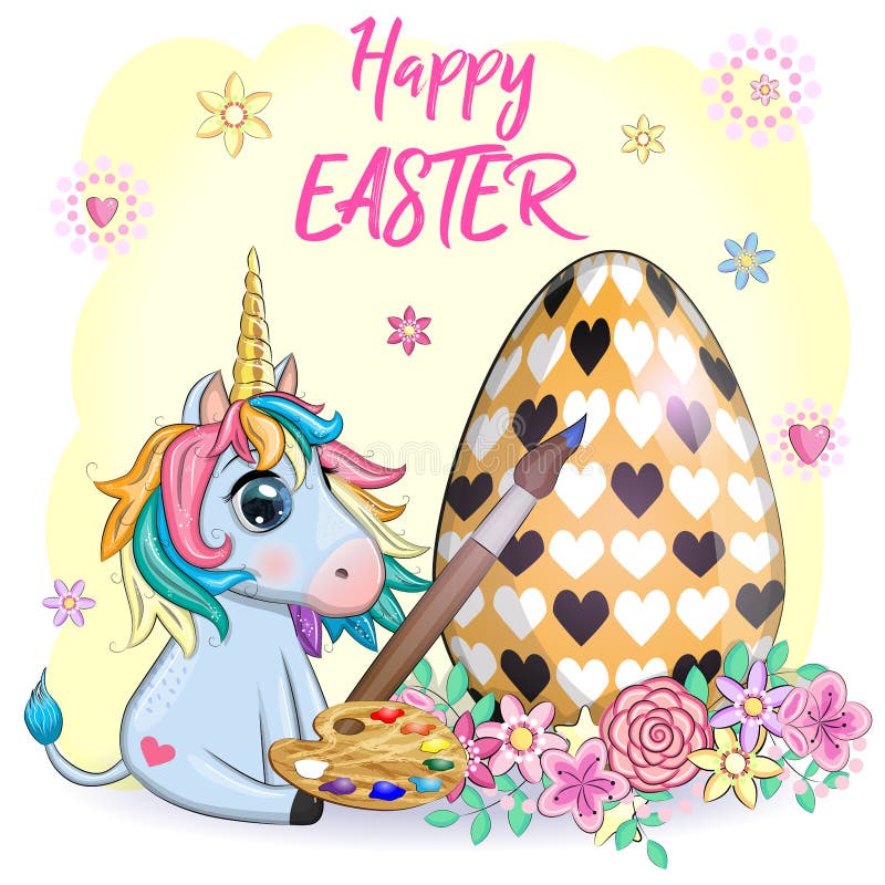 Easter Unicorn Cartoon Character with Easter Egg, Postcard. Stock ...
