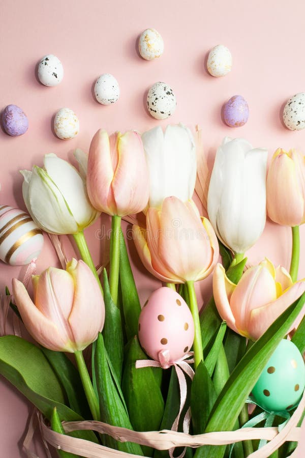 Easter Vertical Composition of Pink and White Tulips, Ribbon ...