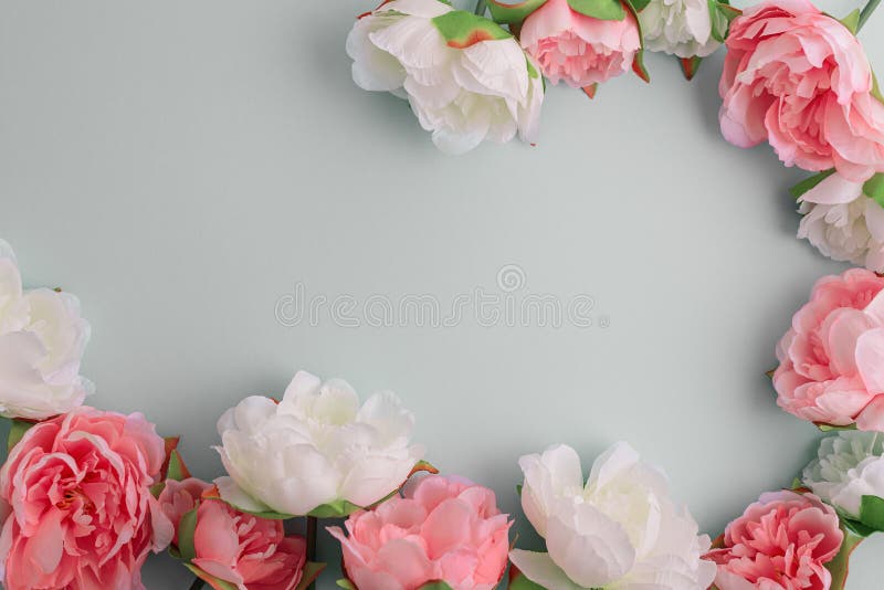 Easter Vintage Border with Roses on Grey Background. Top View Stock ...