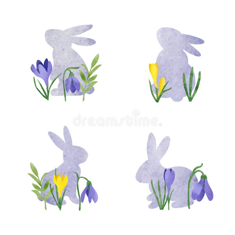 Easter Watercolor Set with Cute Rabbits and Spring Flowers Stock Vector ...