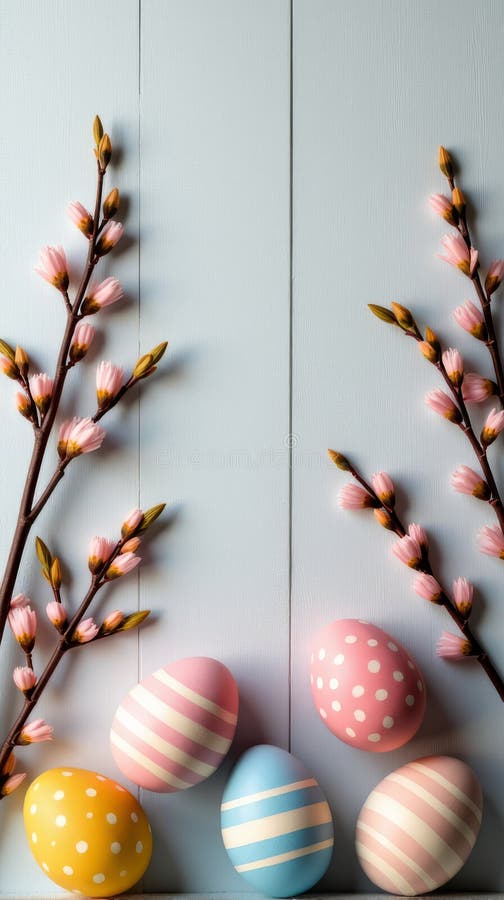 Easter Whimsy: Pastel Eggs and Twigs on Rustic Wood (Generated Using AI ...