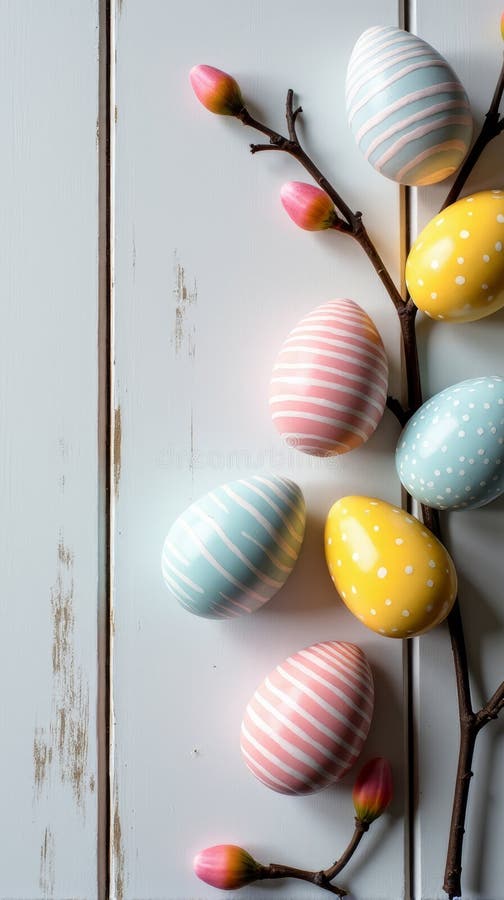Easter Whimsy: Pastel Eggs and Twigs on Rustic Wood (Generated Using AI ...