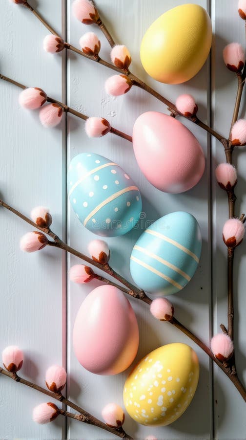 Easter Whimsy: Pastel Eggs and Twigs on Rustic Wood (Generated Using AI ...