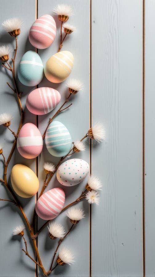 Easter Whimsy: Pastel Eggs and Twigs on Rustic Wood (Generated Using AI ...