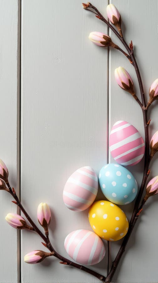 Easter Whimsy: Pastel Eggs and Twigs on Rustic Wood (Generated Using AI ...