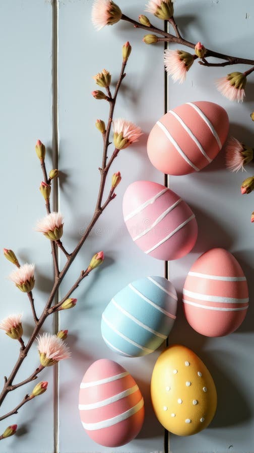 Easter Whimsy: Pastel Eggs and Twigs on Rustic Wood (Generated Using AI ...