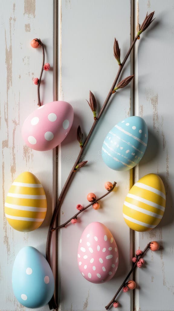 Easter Whimsy: Pastel Eggs and Twigs on Rustic Wood (Generated Using AI) Stock Illustration ...