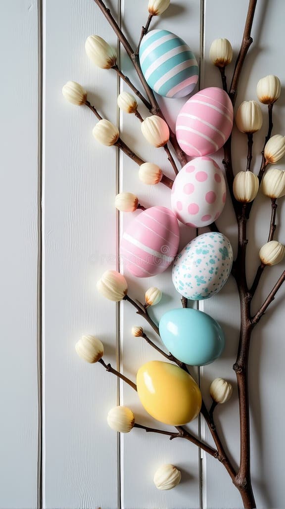 Easter Whimsy: Pastel Eggs and Twigs on Rustic Wood (Generated Using AI ...