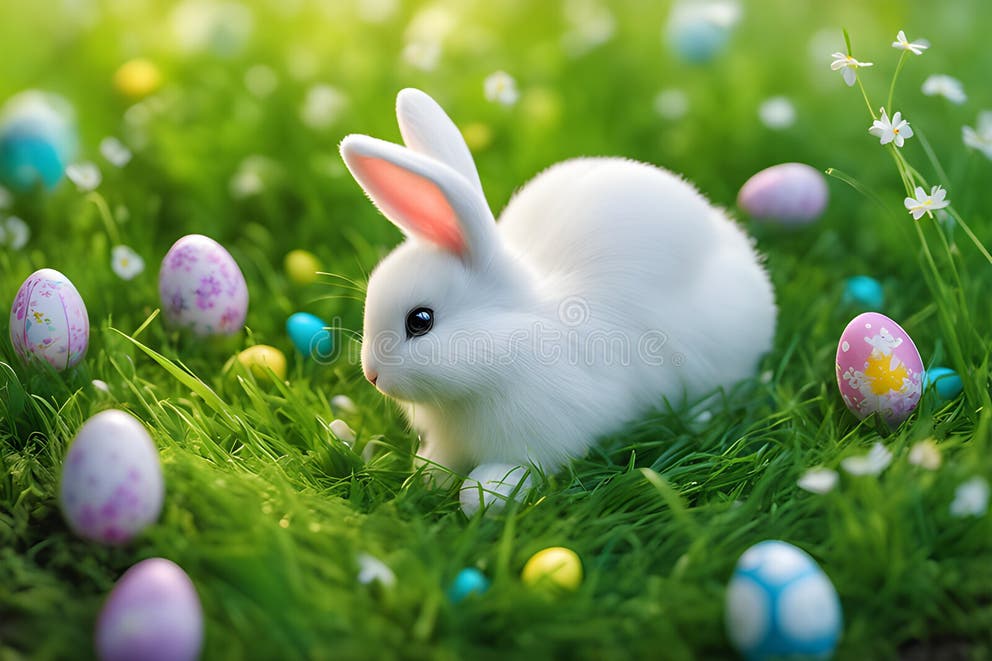 Easter White Bunny and Easter Eggs on a Spring Meadow of Green Grass ...