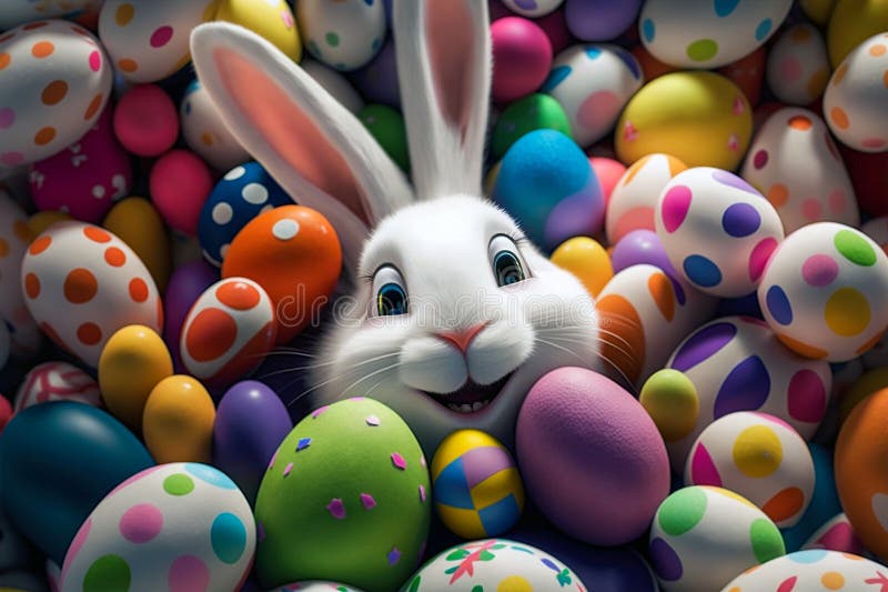 Easter White Bunny Hidden among Many Colorful Eggs. Funny Easter ...