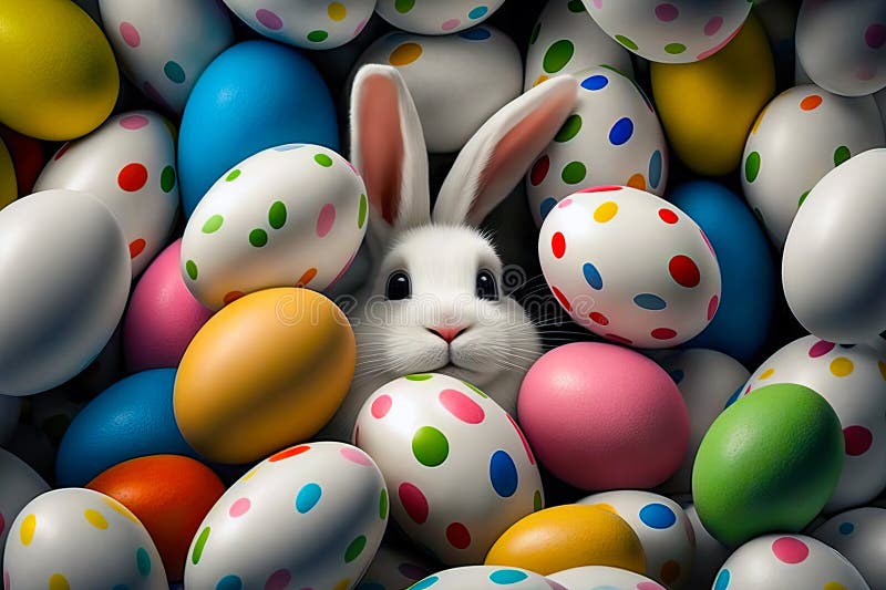Easter White Bunny Hidden among Many Colorful Eggs. Funny Easter ...