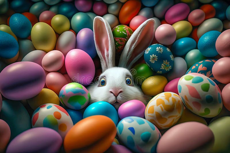 Easter White Bunny Hidden among Many Colorful Eggs. Funny Easter ...