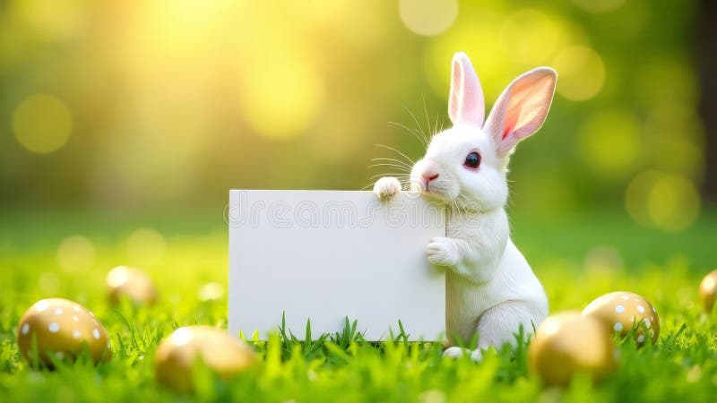 Easter White Bunny Holding Blank Sign on Green Spring Grass Stock ...