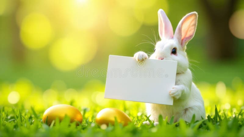 Easter White Bunny Holding Blank Sign on Green Spring Grass Stock ...