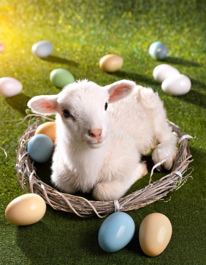 Easter White Lamb with Colorful Eggs Stock Illustration - Illustration ...