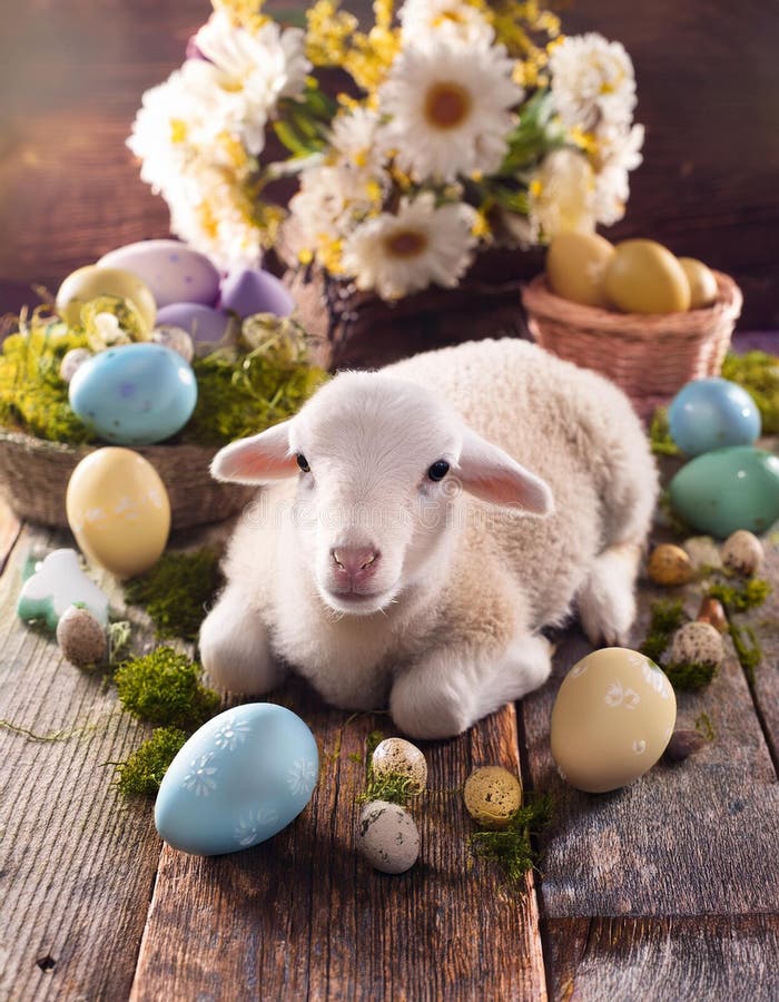 Easter White Lamb with Colorful Eggs Stock Illustration - Illustration ...