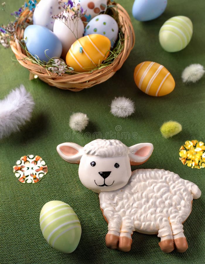 Easter White Lamb with Colorful Eggs Stock Illustration - Illustration ...