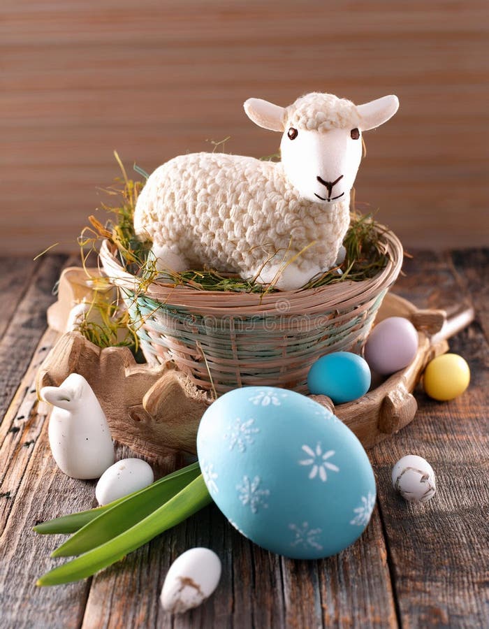 Easter White Lamb with Colorful Eggs Stock Illustration - Illustration ...