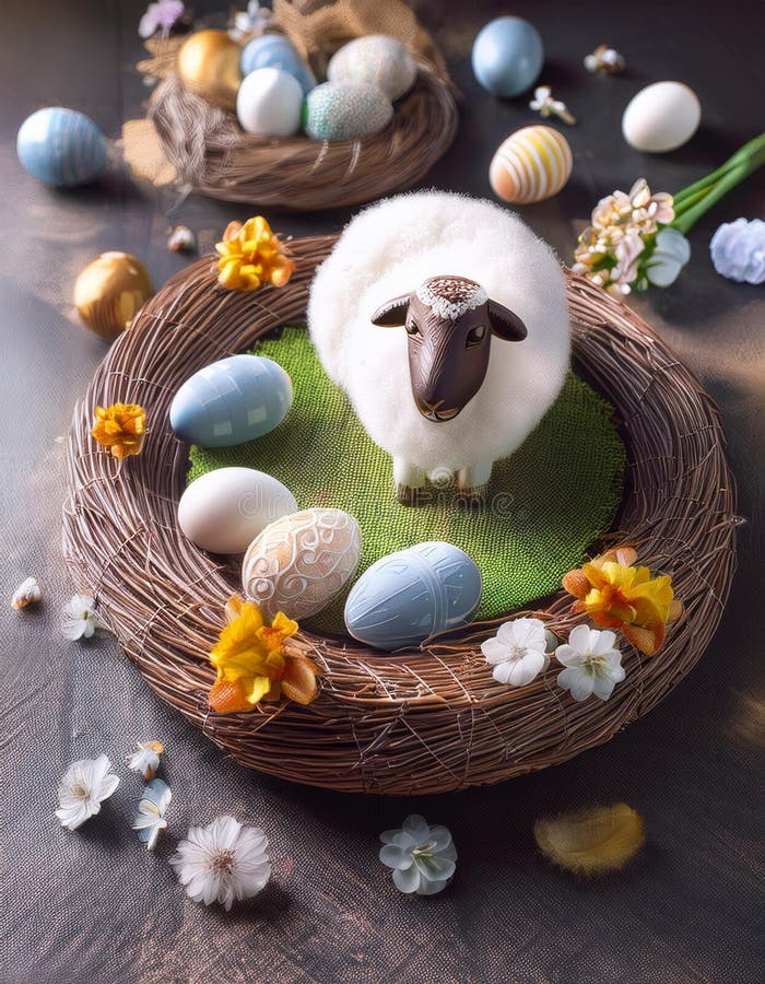 Easter White Lamb with Colorful Eggs Stock Illustration - Illustration ...
