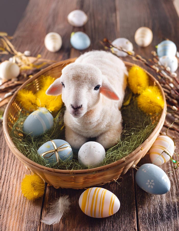Easter White Lamb with Colorful Eggs Stock Illustration - Illustration ...