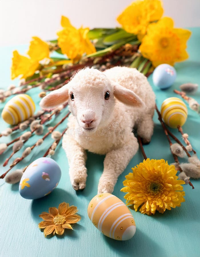 Easter White Lamb with Colorful Eggs Stock Illustration - Illustration ...