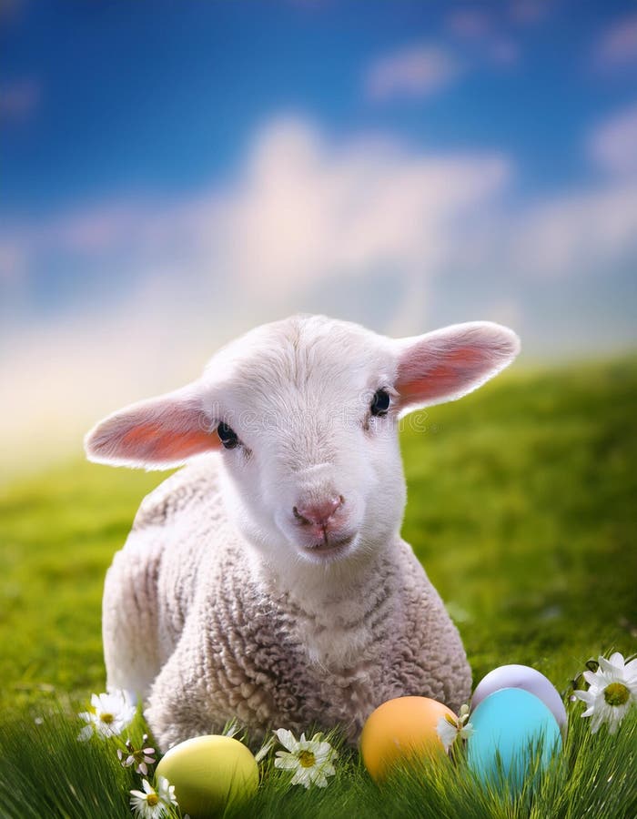 Easter White Lamb with Colorful Eggs Stock Illustration - Illustration ...