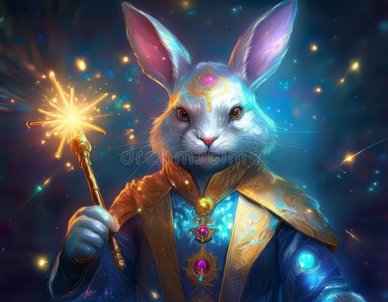 Easter White Rabbit Using Magical Gold Light Wand, Generative Ai Stock ...