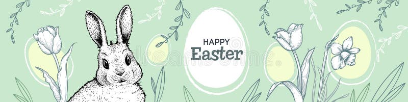 Easter Wide Banner with Hand Drawn Sketch Elements. Easter Bunny ...