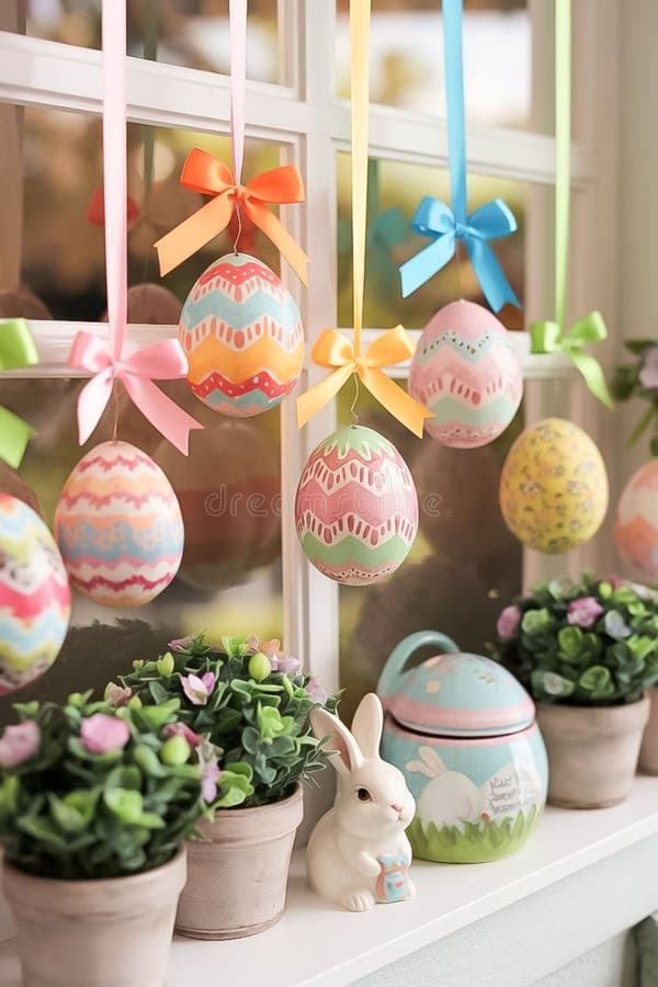 Easter Window Display: Hanging Eggs in Vibrant Colors and Satin Ribbons ...
