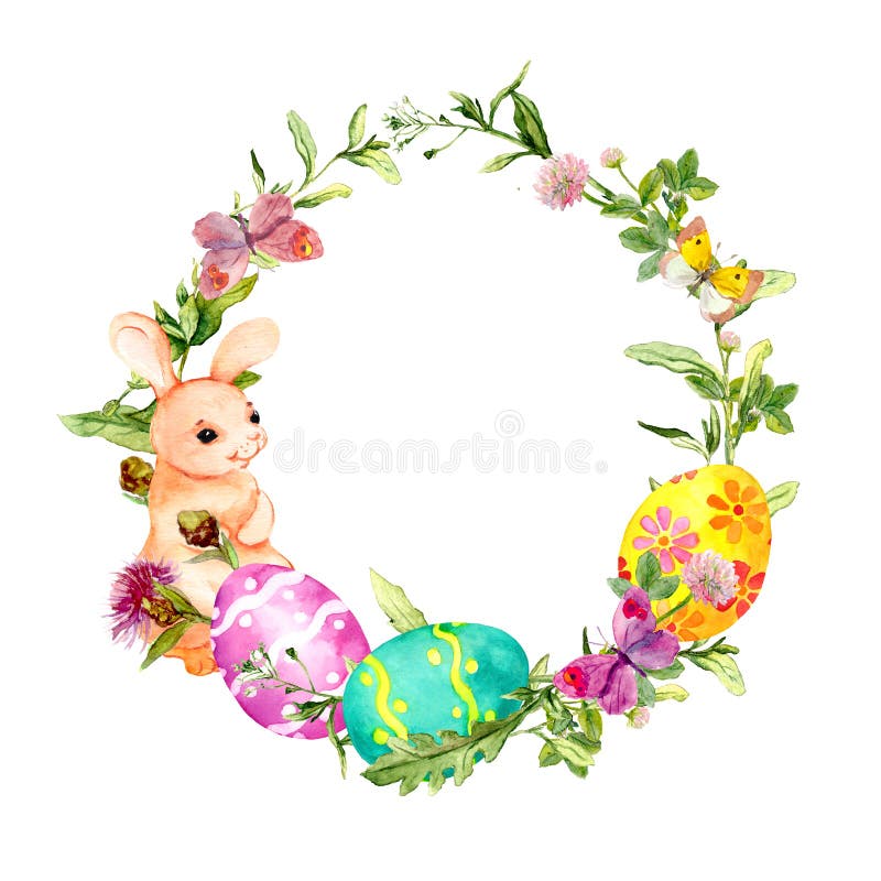 Easter Wreath with Colored Eggs, Bird in Grass, Flowers. Round Frame ...