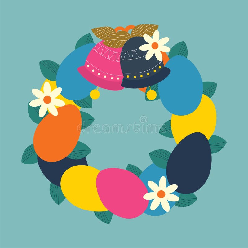 Easter Wreath with Leaves, Eggs and Bells. Color Vector Illustration ...