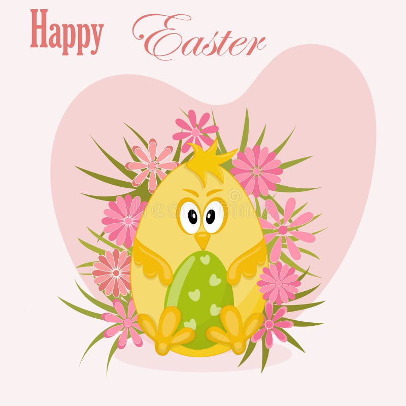 Easter Yellow Chicken with Easter Colorful Eggs. Spring Elements ...