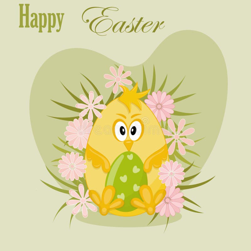 Easter Yellow Chicken with Easter Colorful Eggs. Spring Elements ...