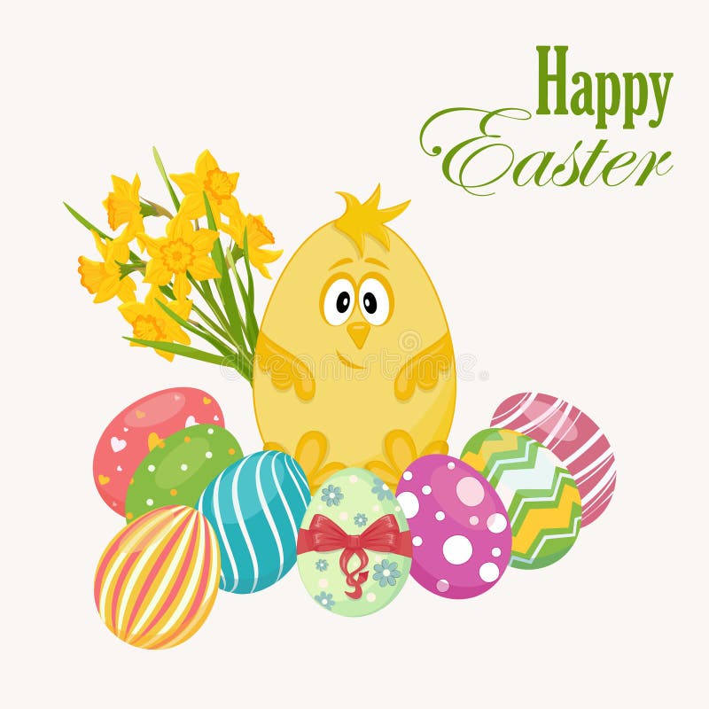 Easter Yellow Chicken with Easter Colorful Eggs. Spring Elements ...