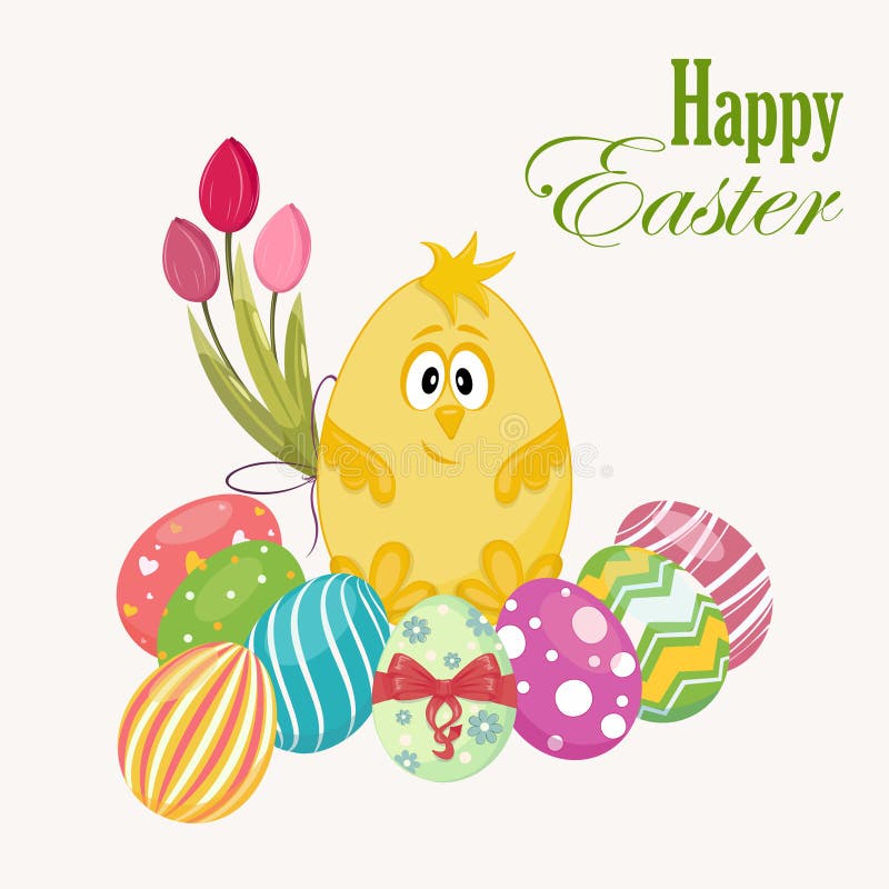 Easter Yellow Chicken with Easter Colorful Eggs. Spring Elements ...