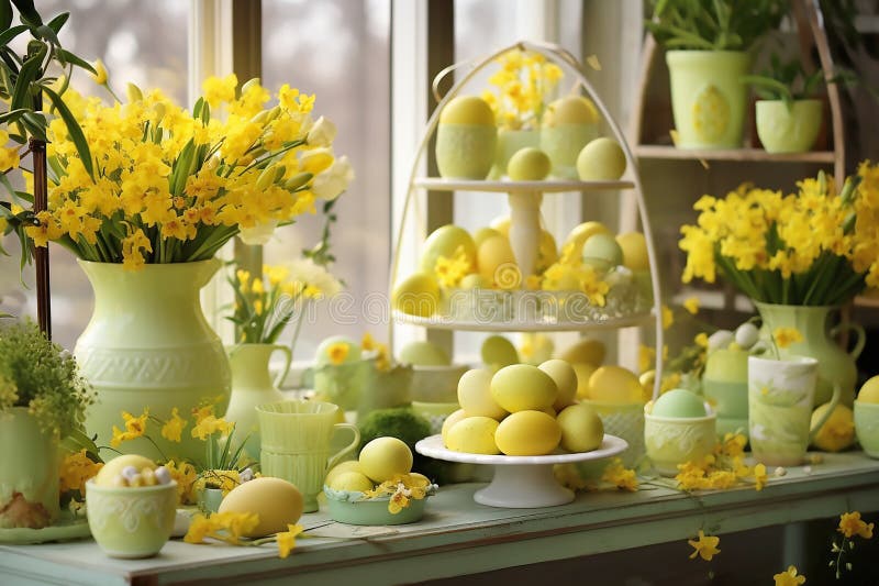 Easter Yellow Decor with Painted Yellow Eggs in Interior Stock Photo ...