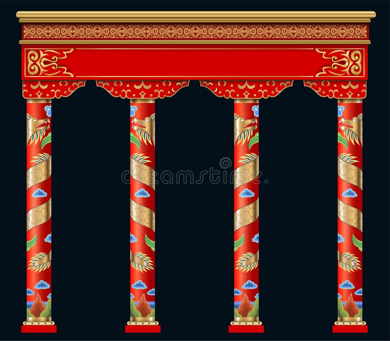 Eastern Chinese Arch. Carved Red Gold Columns Stock Vector ...